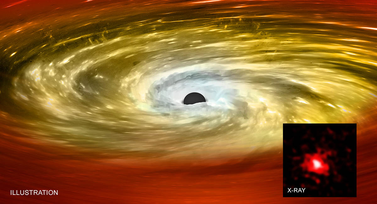 Artist's illustration and X-ray image of "red nugget" galaxy Mrk 1216 ...