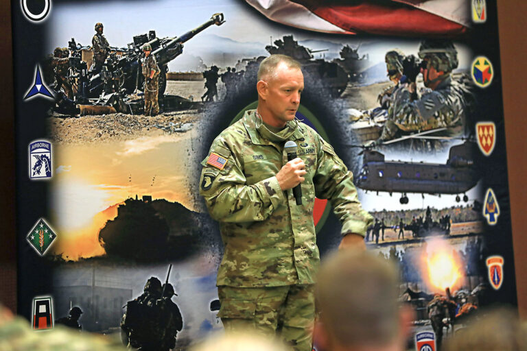 U.S. Army Forces Command CSM Todd Sims gives a speech to the FORSCOM ...